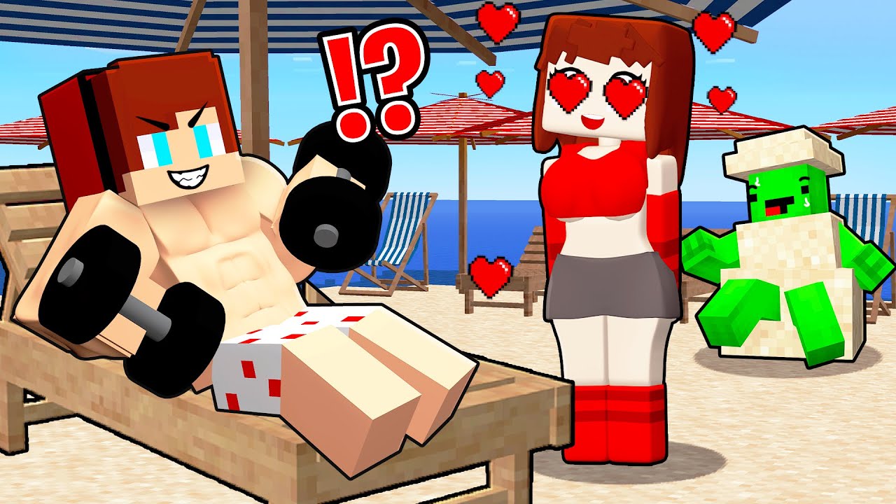 FAN GIRL LOVES STRONG JJ at the BEACH?! Mikey is JEALOUS in Minecraft ...