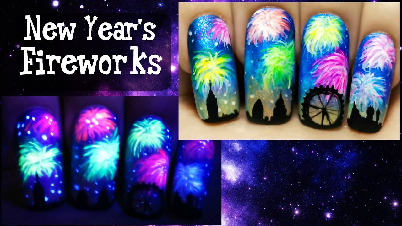 New Year's Fireworks ⎮ Glow in the Dark Freehand Nail Art Tutorial ...
