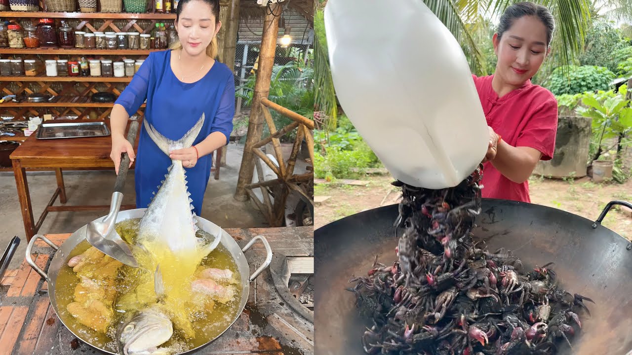 Amazing cooking skill: River fish fry sour soup, Ocean crab pickle ...
