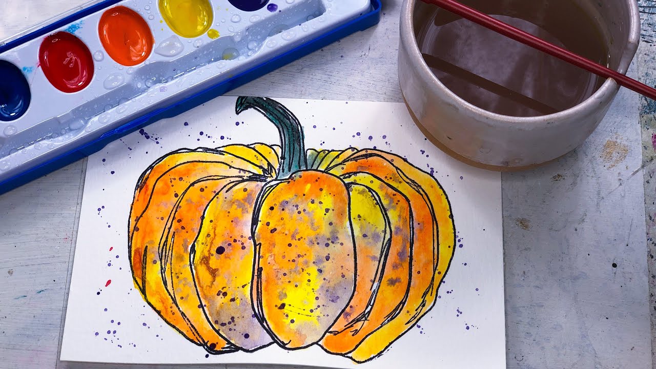 Watercolor Painting a Pumpkin (1st graders) - YouTube