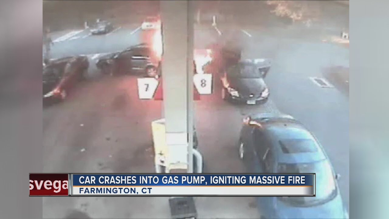 Car crashes into gas pump, fire erupts - YouTube
