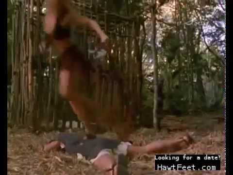 Blonde amazon woman trampling a man (tv scene)