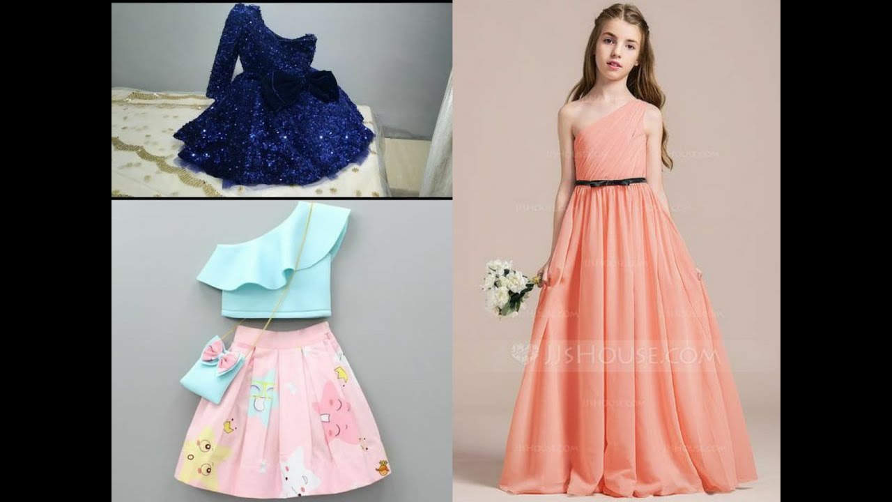 One side off shoulder girls kids dress/one strap-one shoulder dress ...