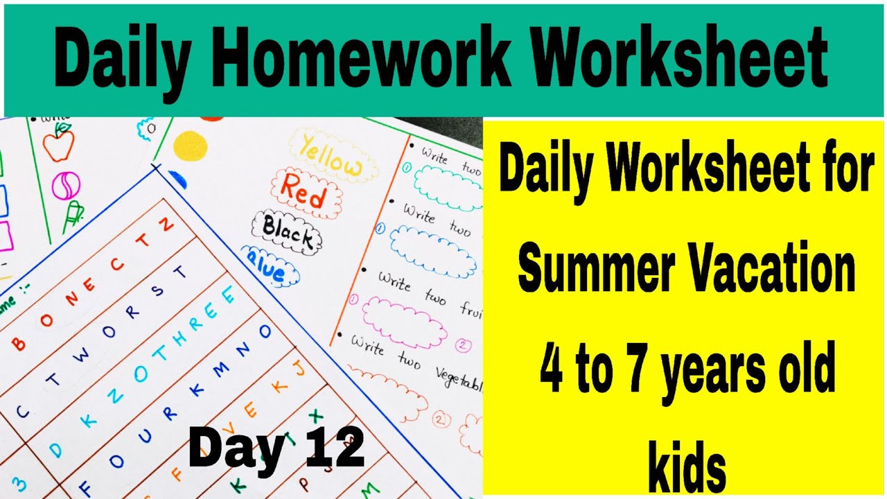 #12 Daily Homework Worksheet for Summer Vacation 4 to 7 years old kids Day 12 @TheKidsBoat - YouTube