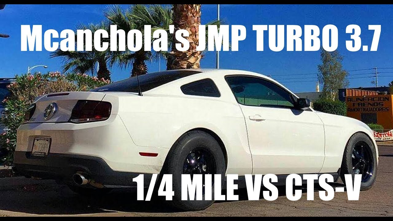 JMP TURBO 3.7L Mustang vs CTS-V w/ Timeslips - YouTube