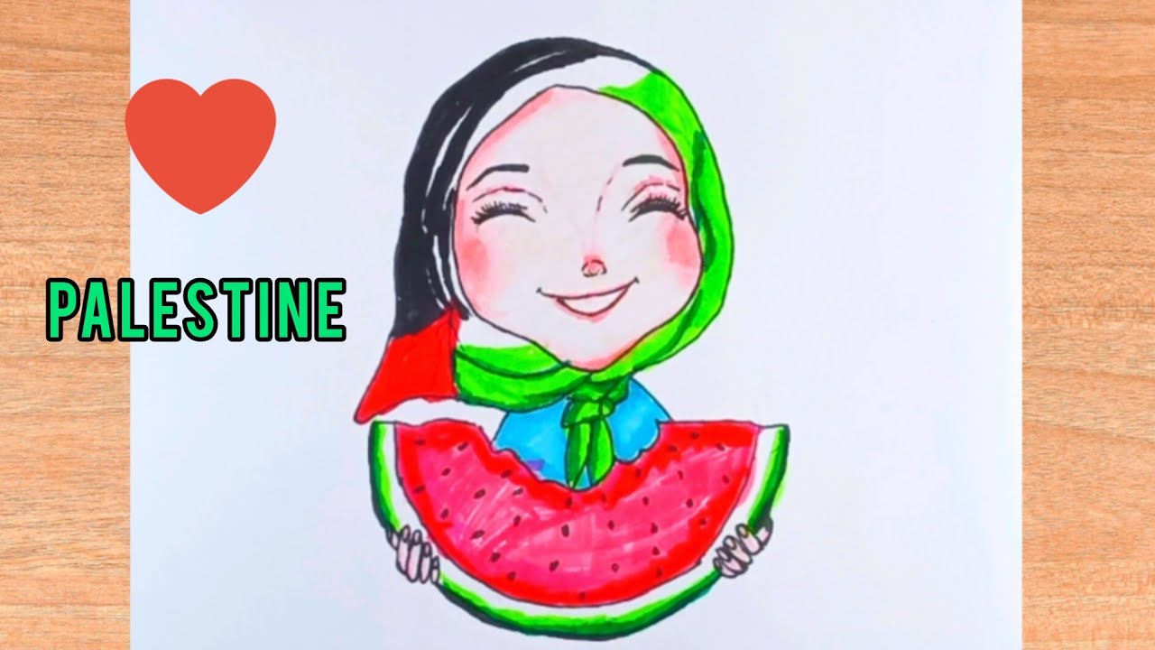 Palestine Drawing Easy Step By Step || Girl with Palestinian Flag ...