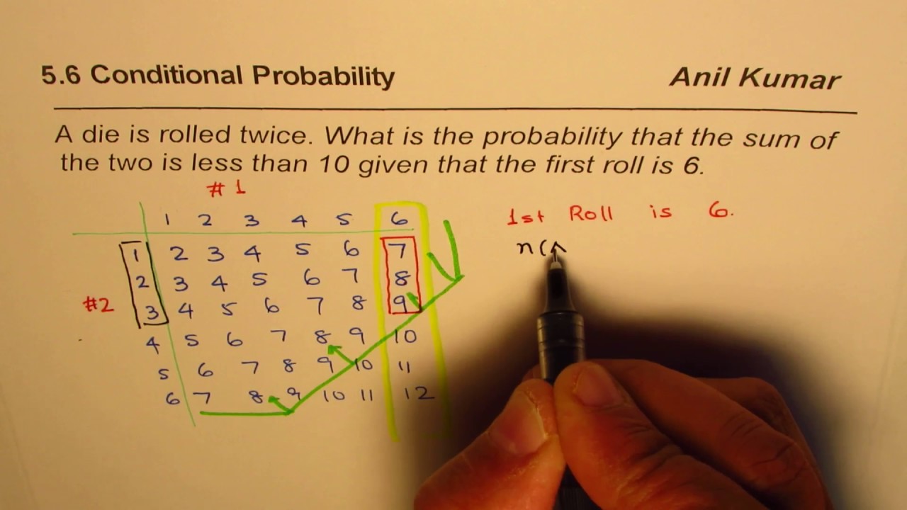Conditional Probabilty for Less than 10 when First Roll is 6 - YouTube