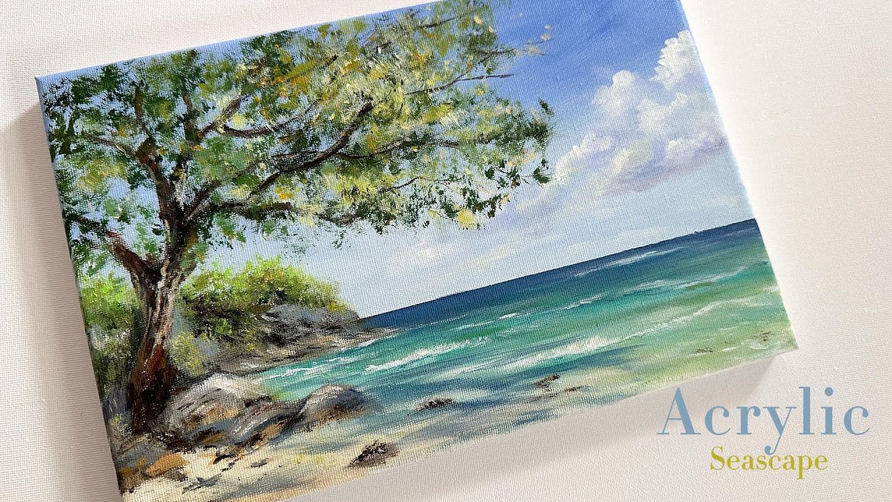 Vibrant Seaside Seascape Painting With Trees In Acrylics! - YouTube