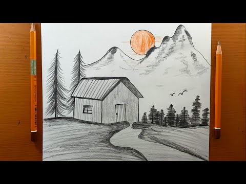 disegni facile | Come disegnare un paesaggio con i disegni a matita | Çizim Mektebi Manzara Çizimi