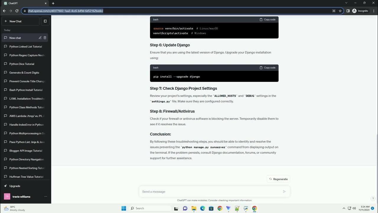 On executing python manage py runserver is not showing any output on terminal - YouTube