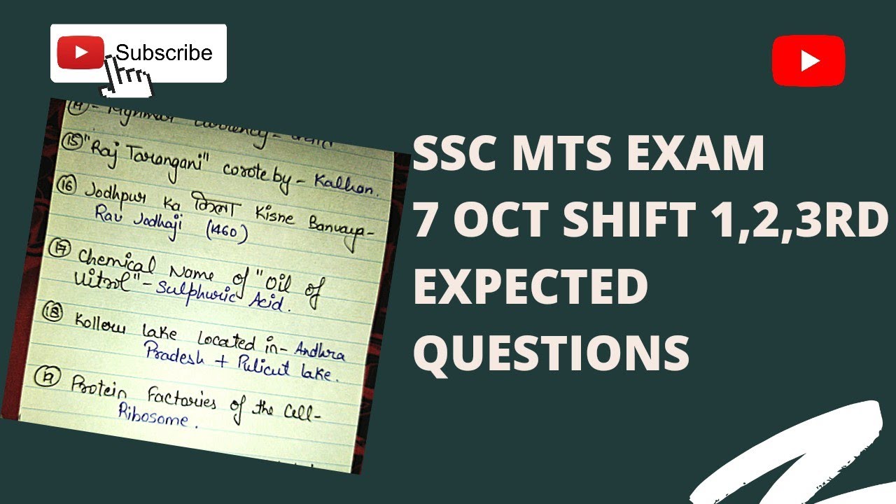 SSC MTS Exam 2021, 7oct shift 1,2,3 GK Expected Questions | MTS Exam GK ...