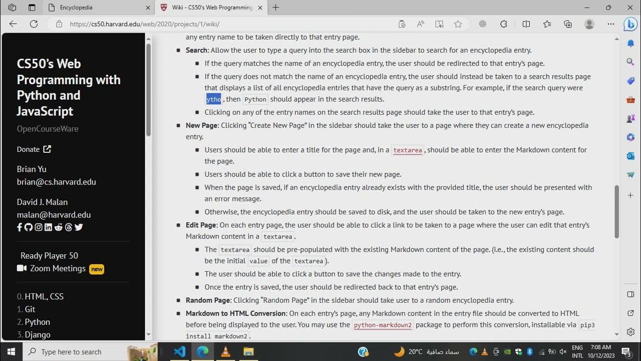 Video of wiki project CS50’s Web Programming with Python and JavaScript. - YouTube