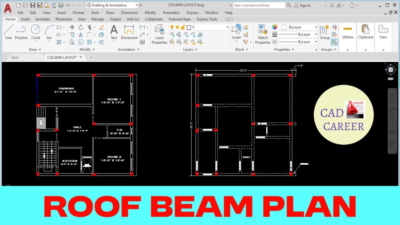 Roof Beam Design in AutoCAD | Roof Beam Plan | Civil Engineers | CAD ...