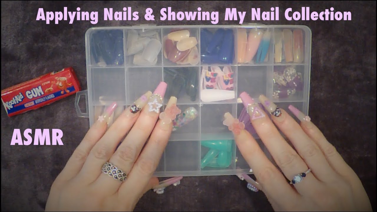 ASMR Gum Chewing Nail Application & Showing My Nail Collection ...
