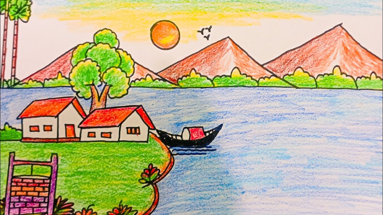 Prakrutik Drishya Scenery Drawing / How to Draw Beautiful Drawing / How ...