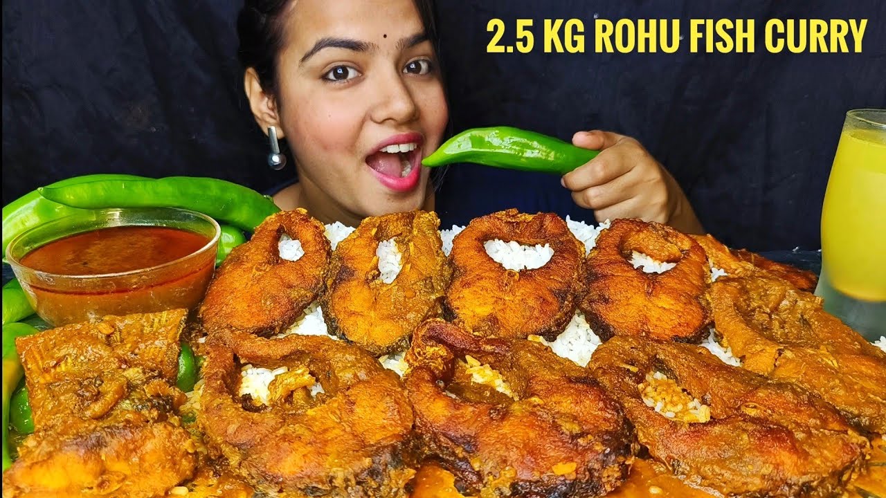 ASMR Eating spicy rohu Fish curry /রুই মাছের ঝাল with white rice ...