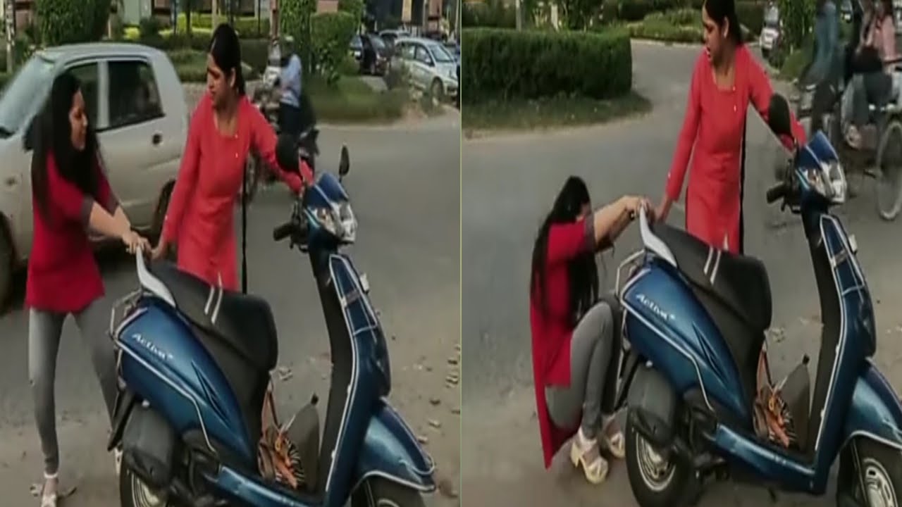 funny girl driving scooty//girl drive scooter funny video//girl drive ...