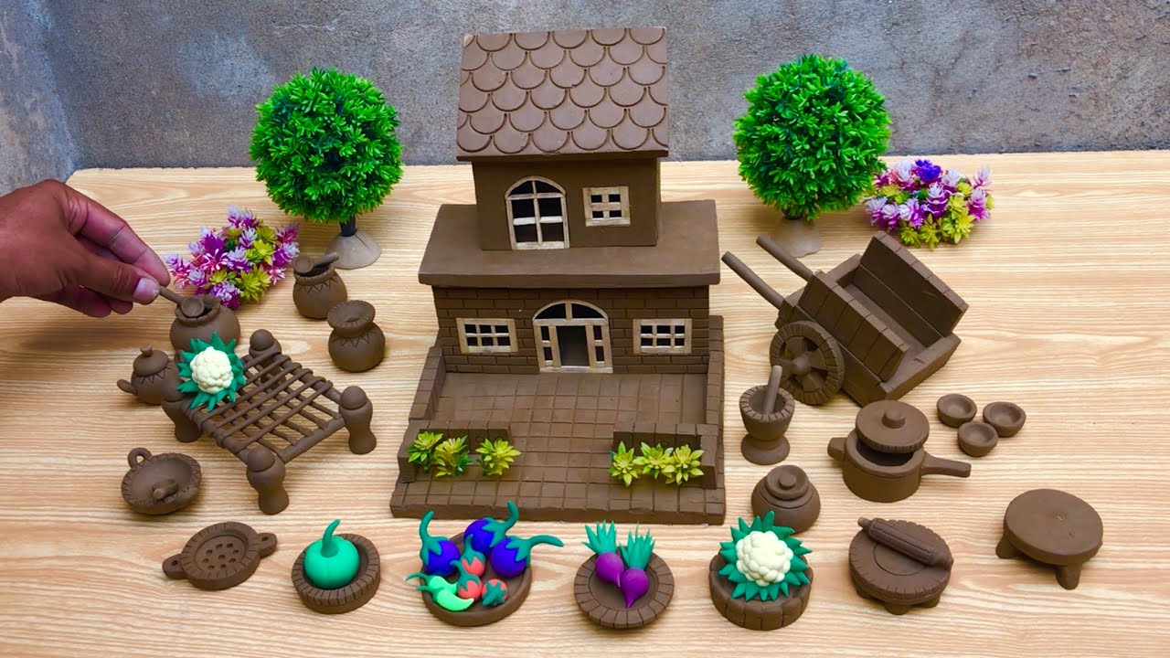 DIY How to make polymer clay miniature house, kitchen set,Bullock cart ...