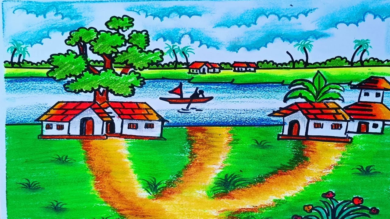 Nature Scenery Drawing Oil Pastel Color || প্রকৃতির দৃশ্য অঙ্কন তেল ...