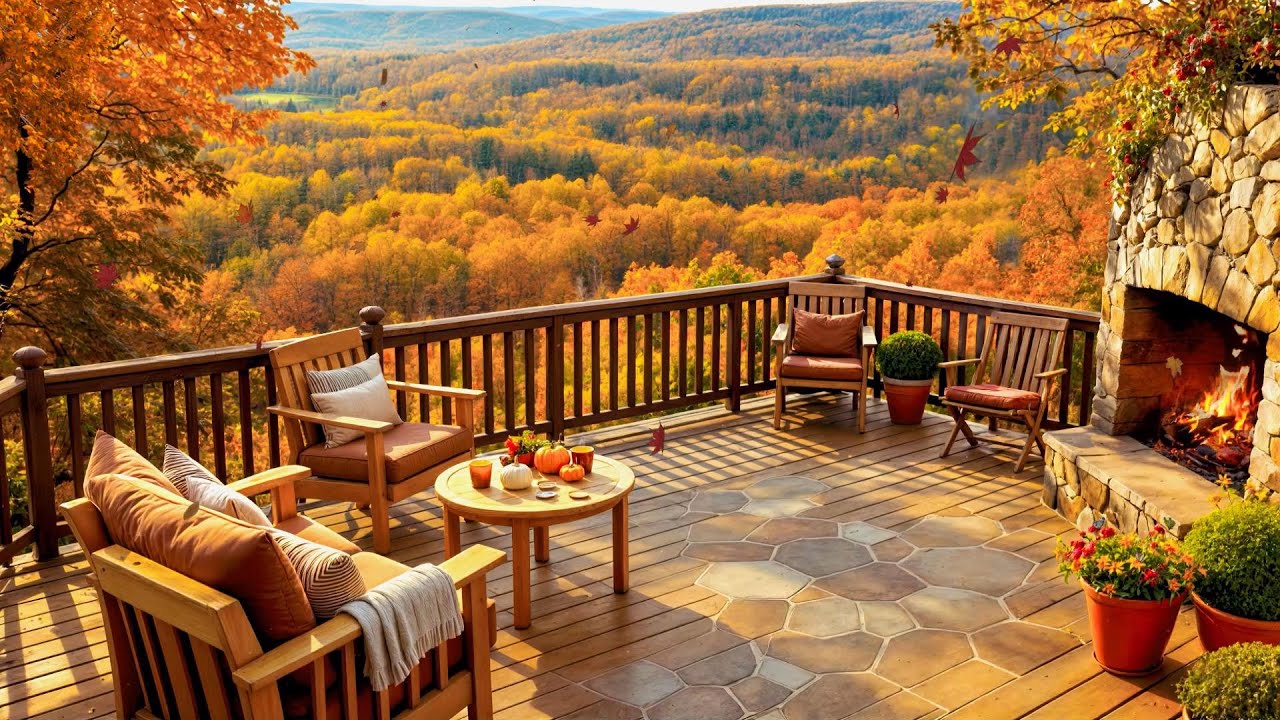 Calming Autumn Vibes 🍂 Cozy Morning Terrace Ambience with Soothing Fall ...