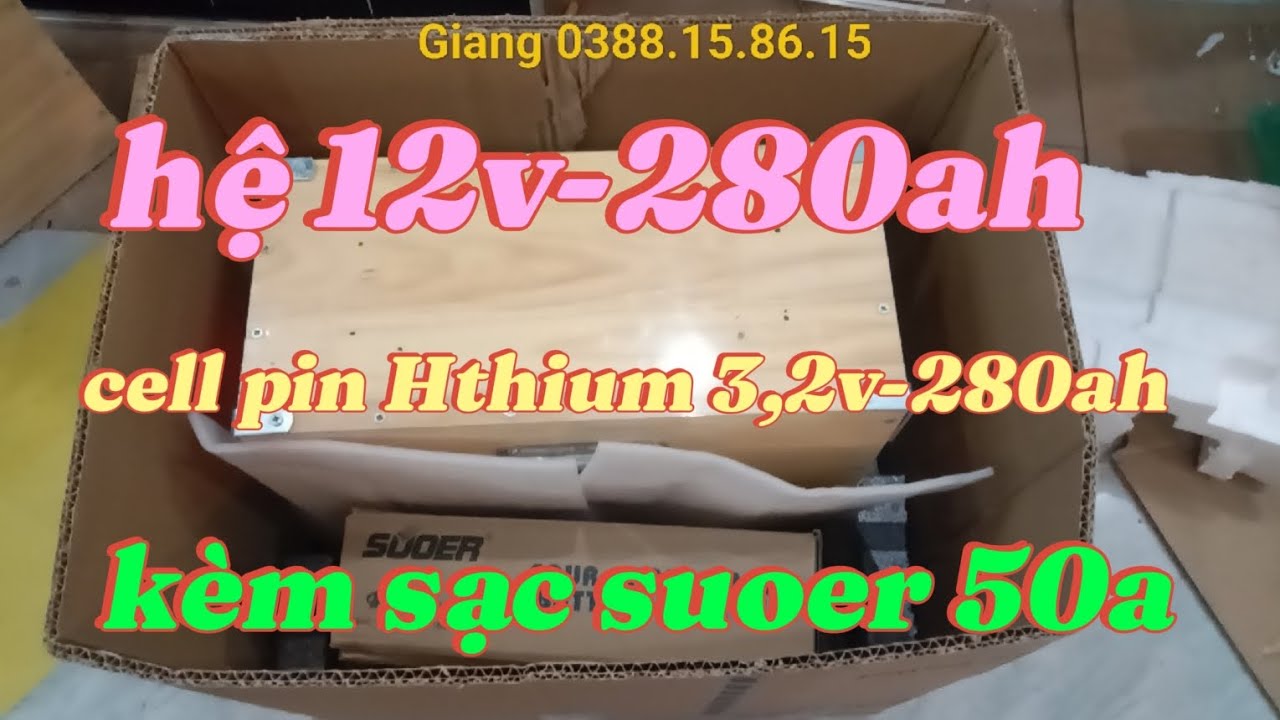 hệ lưu trữ 12v-280ah cell pin Hthium 3,2v+280a, thùng gỗ, kèm sạc 50a ...
