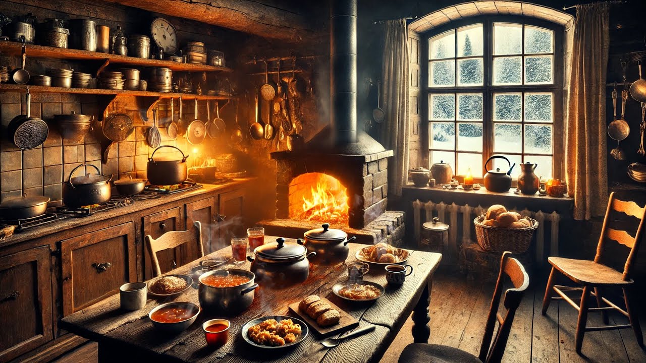 Cozy Rural Kitchen Ambience Cooking Sounds with Snow Storm, Crackling ...