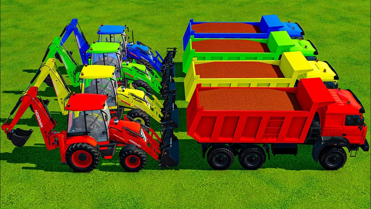 TRUCKs with Colors - RED ASPHALT WORK with CAT BACKHOE LOADERS ...