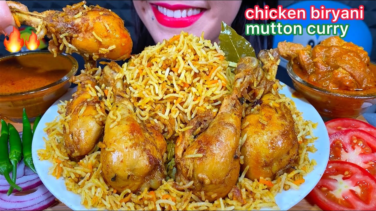 ASMR SPICY CHICKEN BIRYANI, MUTTON CURRY, CHILI, ONION, TOMATO MASSIVE ...