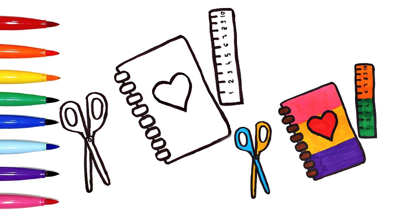 Draw & Coloring for Kids & Toddlers | School Objects drawing and ...