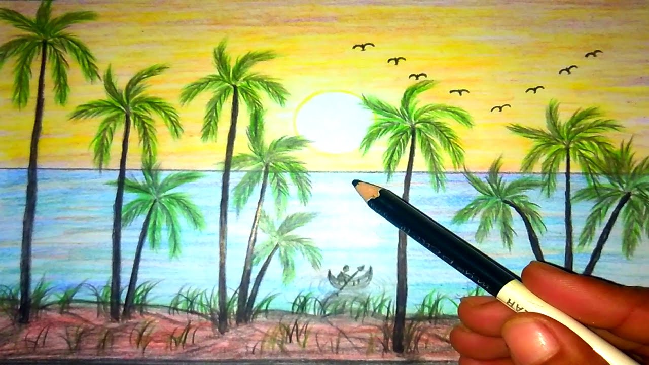 Beautiful sunset painting || Easy sunset drawing with pencil colour ...
