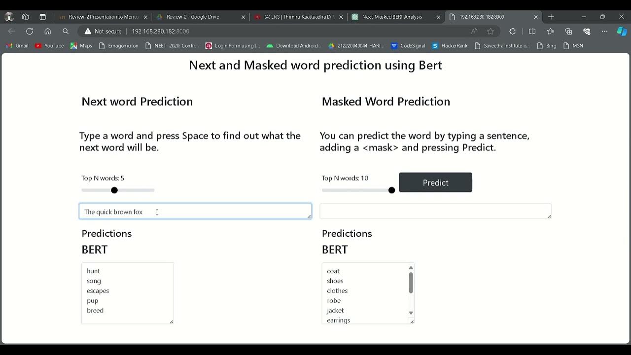 next and masked word prediction using bert project demo - YouTube