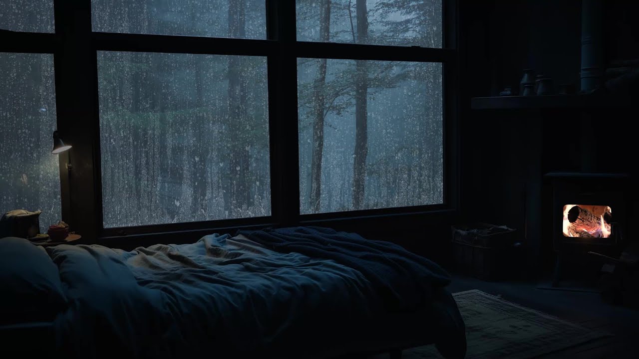 Fire in Room Black - Rain on Window at Night – Peaceful Ambience for ...