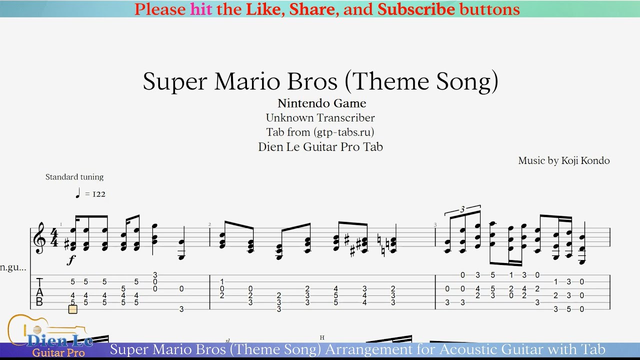 Super Mario Bros (Theme Song) Arrangement for Acoustic Guitar with Tab ...