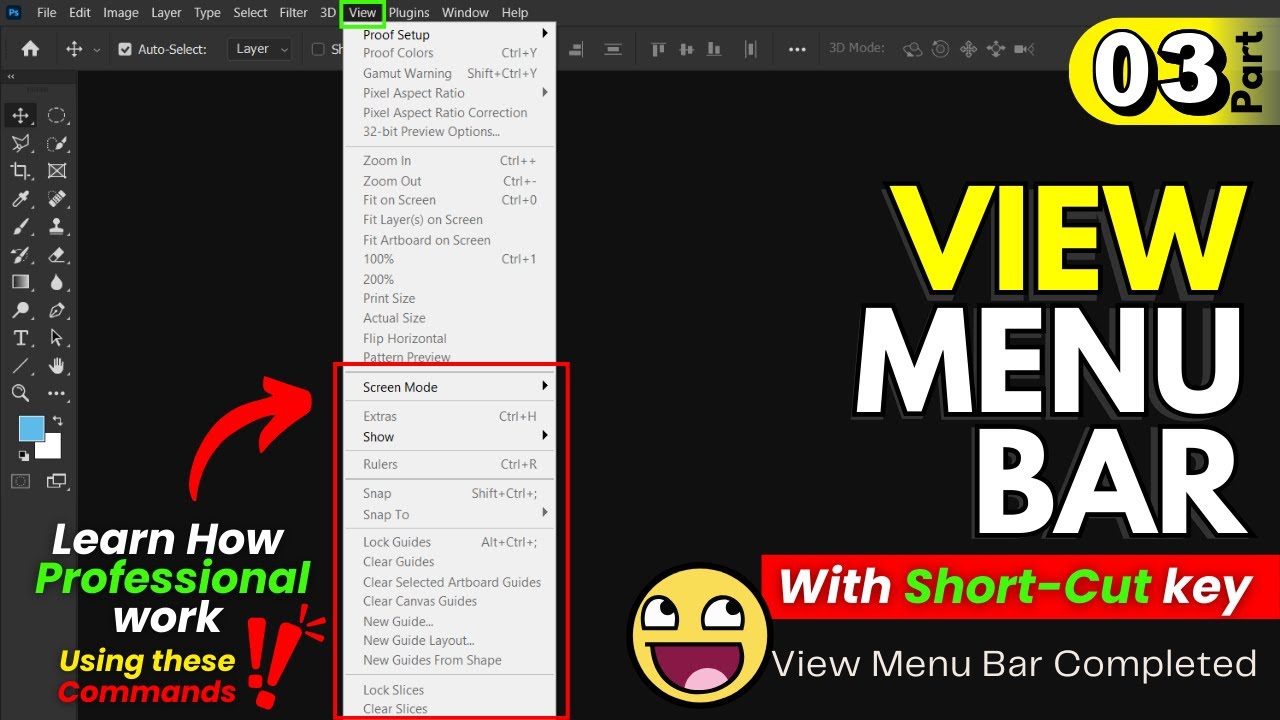Photoshop View Menu Bar Part 3: Screen Mode, Rulers, Snap, Guides ...