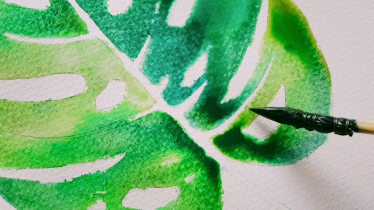 Monstera leaf watercolor painting process - YouTube