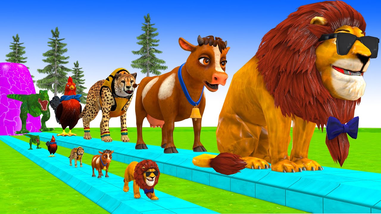 Paint & Animals Cow, Lion, Cheetah, Dinosaur, Chicken Fountain Crossing ...