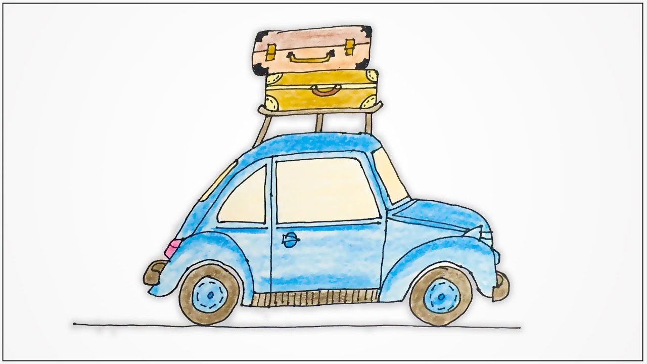 Learn how to draw a Retro car with luggage on the roof step by step ...