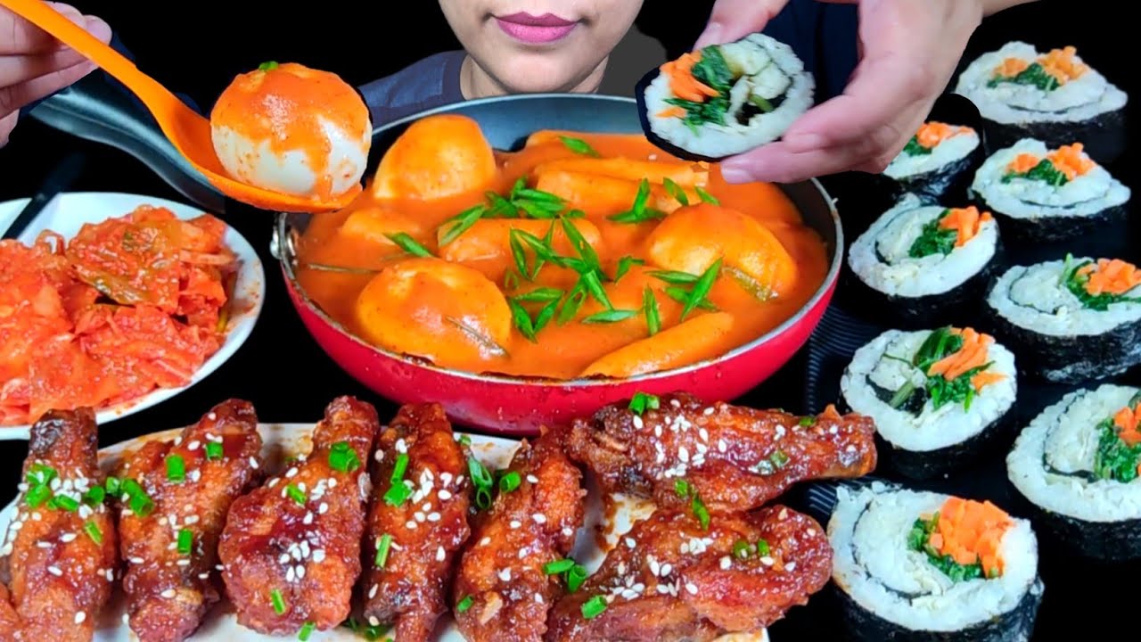 ASMR EATING KOREAN RICE CAKE (TTEOKBOKKI) FRIED CHICKEN WINGS, KIMBAP/SUSHI & KIMCHI | MUKBANG ...