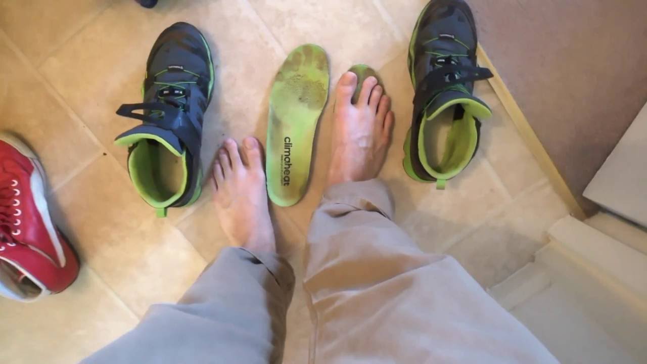 Sockless day in his Adidas Terex boots - YouTube
