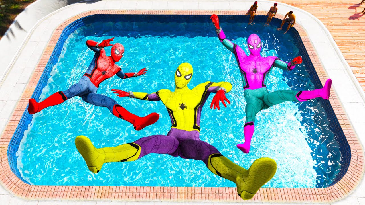 GTA 5 Rainbow Red Vs Yellow & Pink Spiderman Jumping Into Pool ...