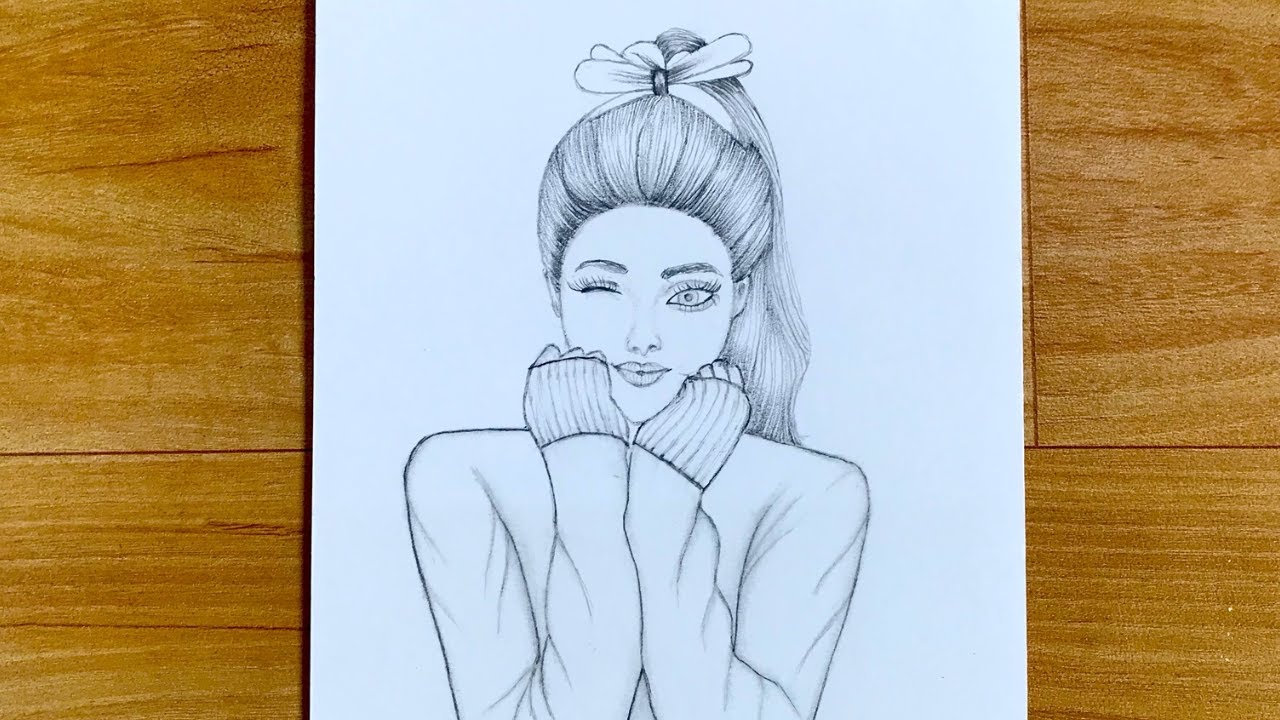 How to draw a girl with one eye open and one closed Pencil sketch ...