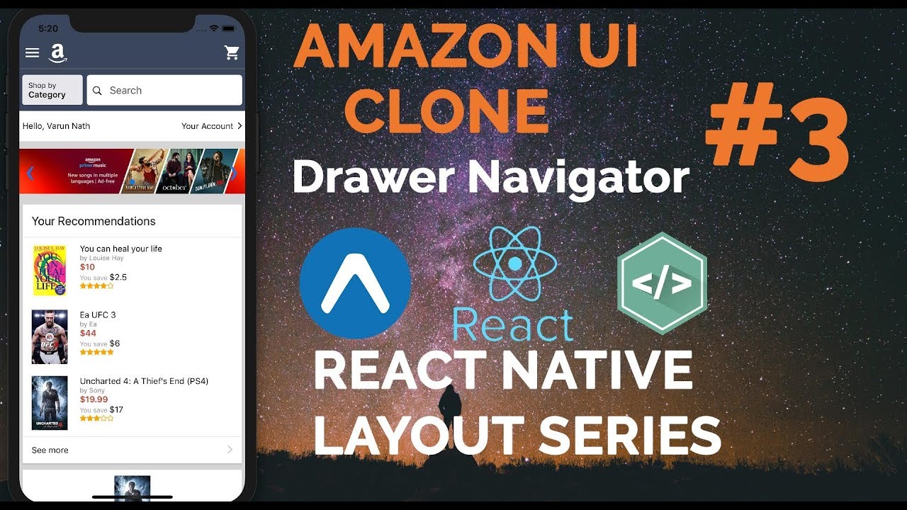 3 Amazon Ui Custom Drawer Navigator React Native Native Base Youtube