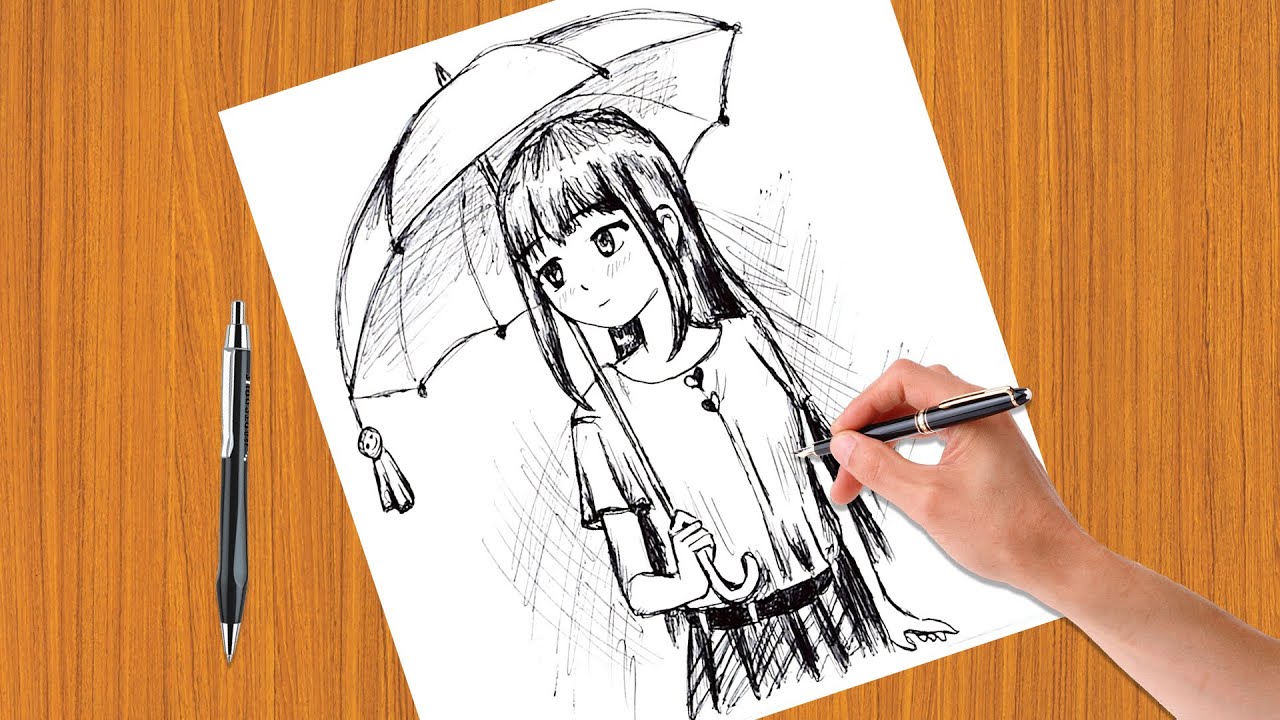 Easy Anime Drawing With Pen | How To Draw Anime Girl #13 Easy Step-By ...