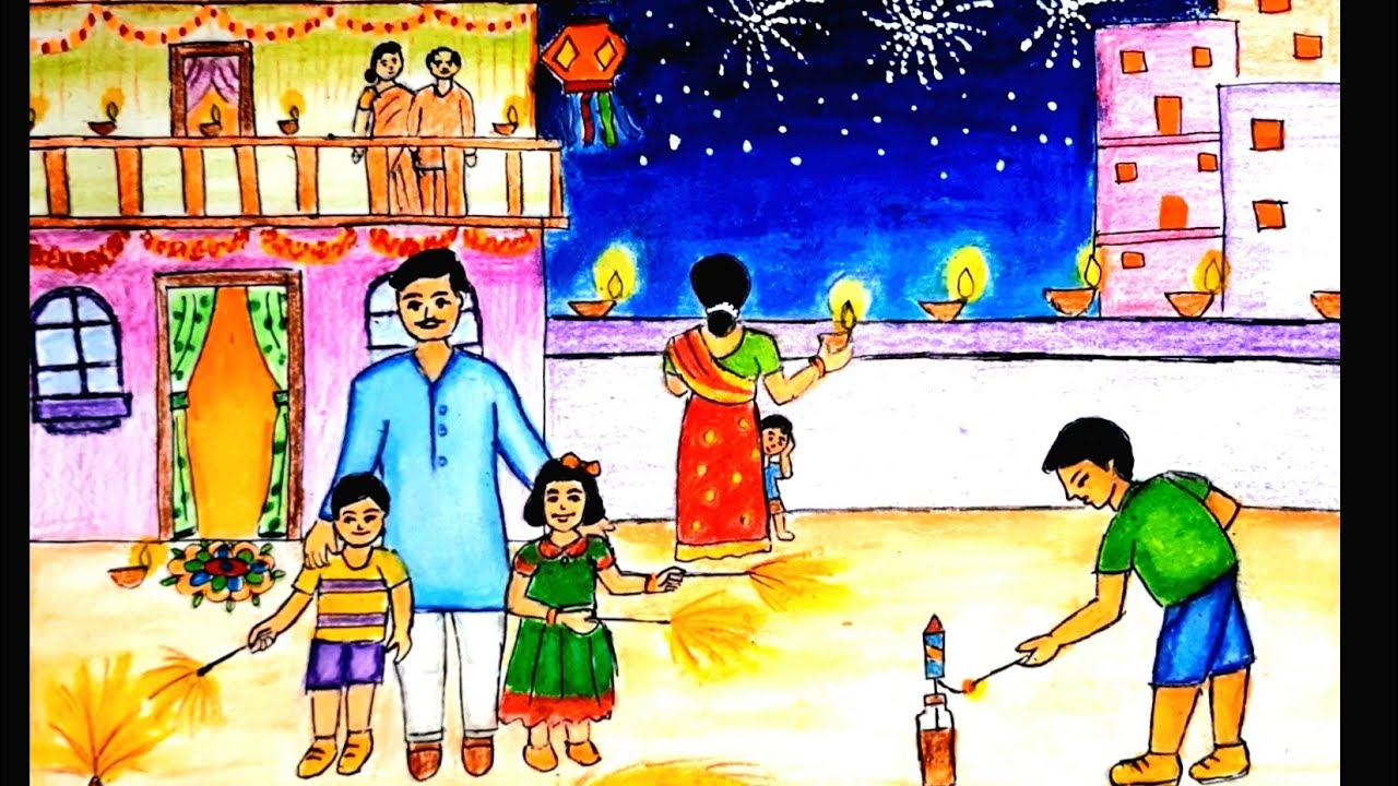 Diwali celebration drawing easysteps|diwali drawing| diwali festival ...