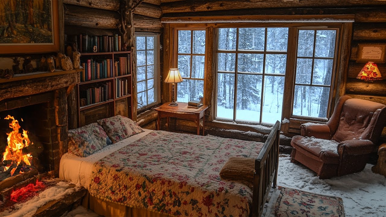 🔴Enchanting Winter Ambience | Snuggle by a Fire in a Cabin as Snow ...