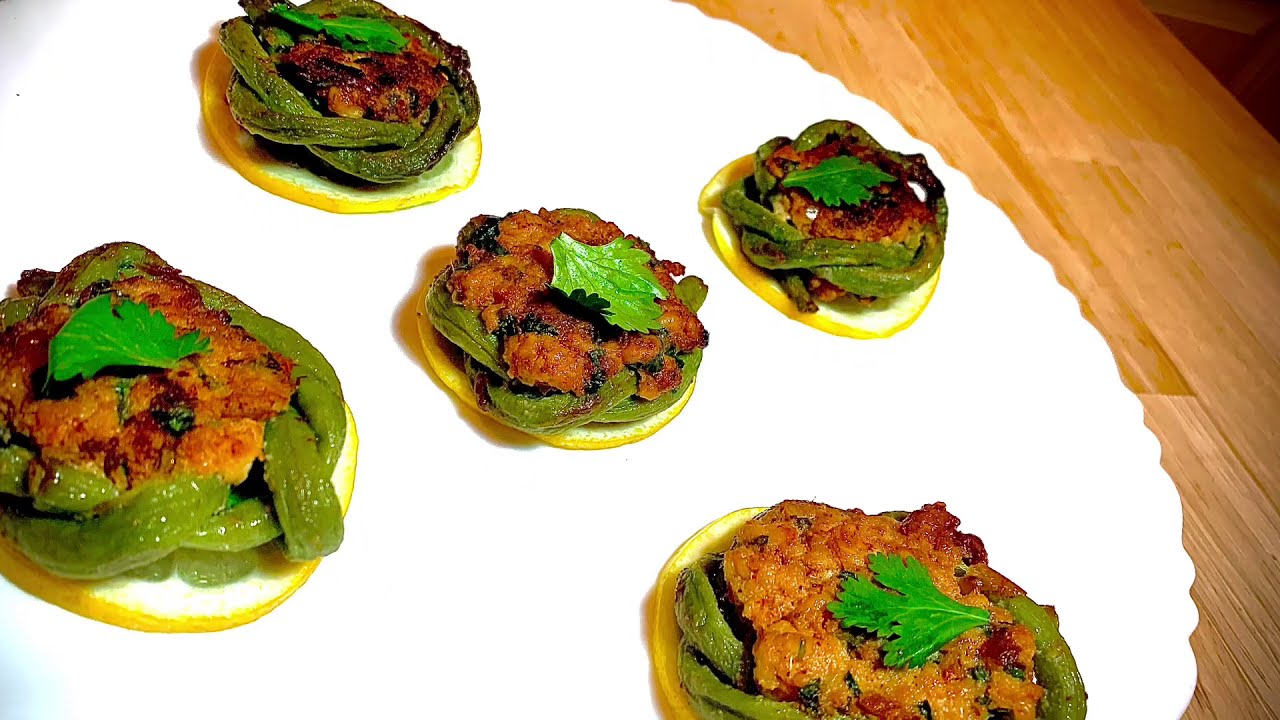 Long green beans stuffed with shrimps - YouTube