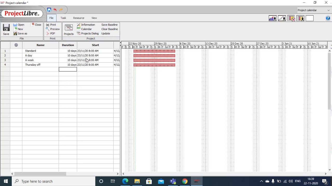 Different screen views and setting a new calendar in project libre ...