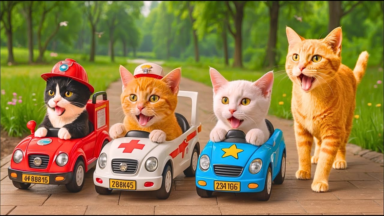 Mama Cat Leads the Rescue Team Kittens Drive Fire, Ambulance & Police ...