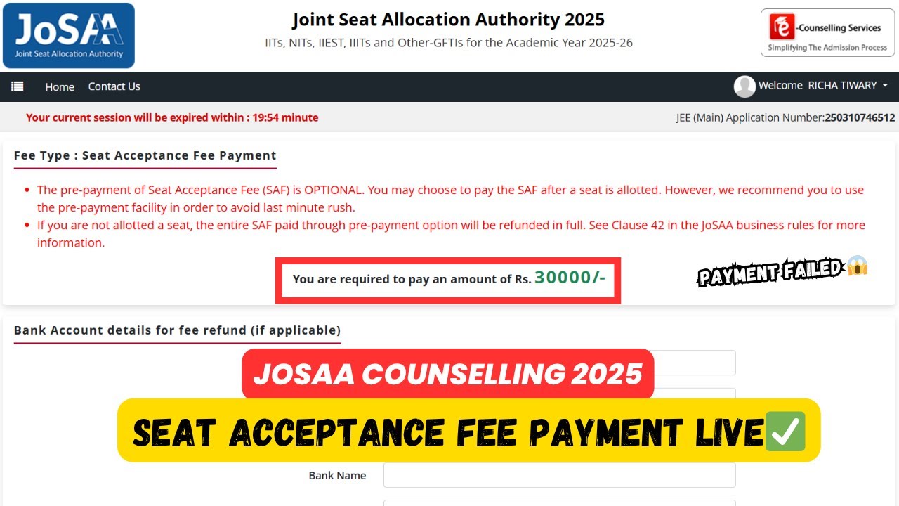 🔴JOSAA Rs.40,000 Live Payment Proof || Seat Acceptance Fee || JOSAA ...