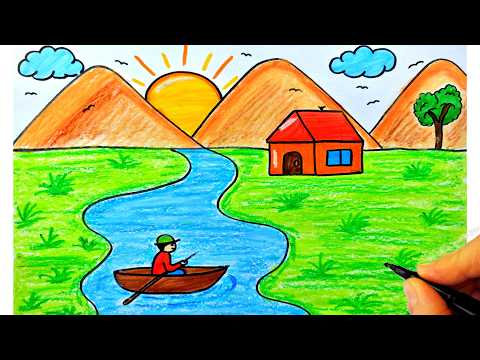 Kolay Manzara Resmi Çizimi 🌳 Doğa Resmi Çizimi - How To Draw Very Easy Landscape - Manzara Resmi
